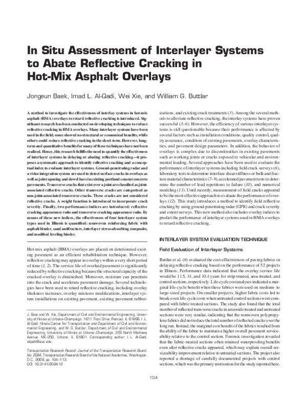 (PDF) In Situ Assessment of Interlayer Systems to Abate Reflective ...