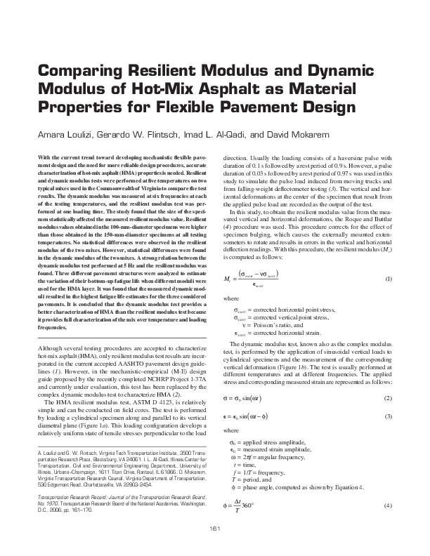 (PDF) Comparing Resilient Modulus and Dynamic Modulus of Hot-Mix Asphalt as Material Properties ...