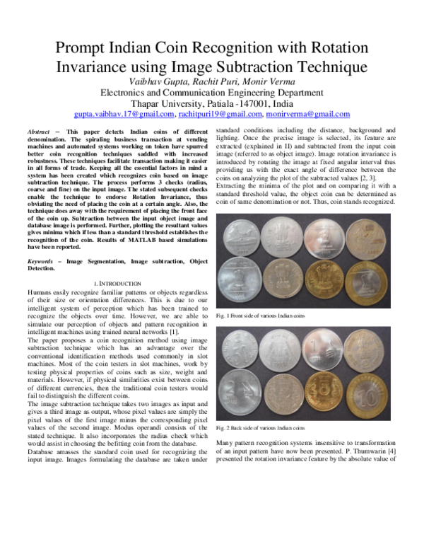 (PDF) Prompt Indian Coin Recognition with Rotation Invariance Using ...
