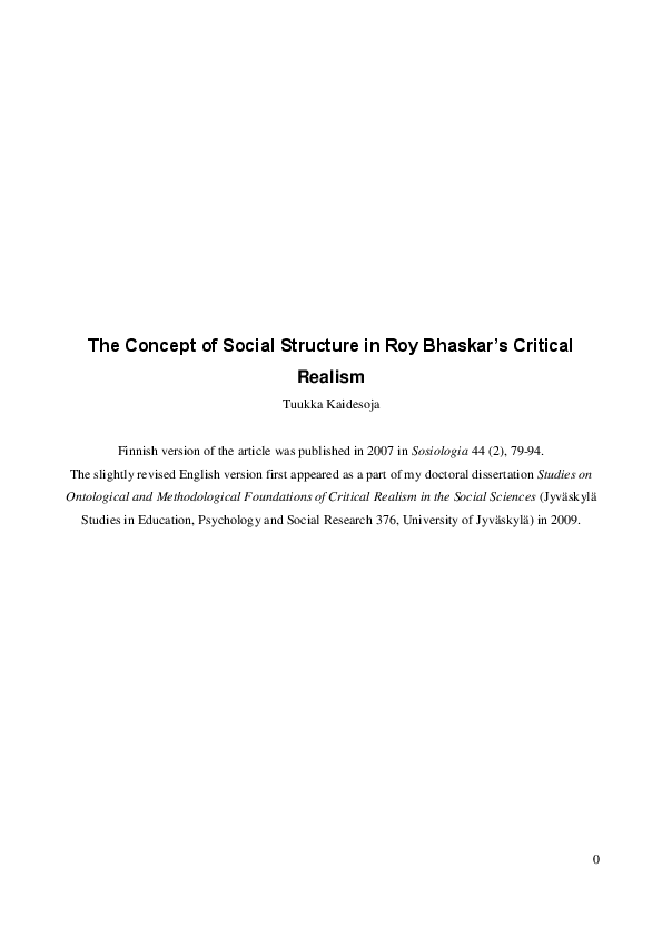 (PDF) The Concept of Social Structure in Roy Bhaskar's Critical Realism