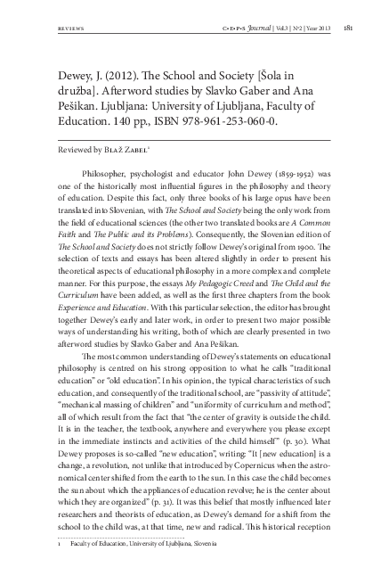 ZABEL, Blaž. Dewey, J. (2012). The School and Society [Šola in družba ...