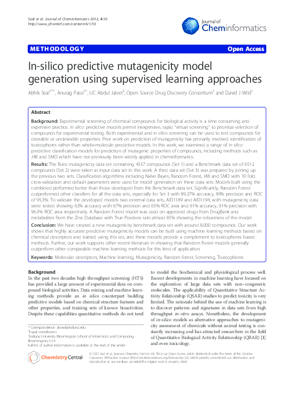 Pdf In Silico Predictive Mutagenicity Model Generation Using Supervised Learning Approaches