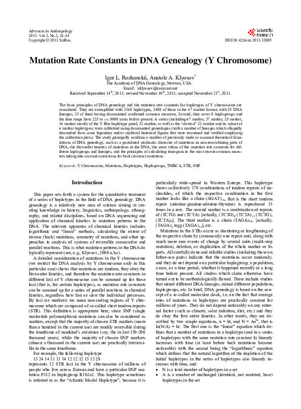 (PDF) Mutation rate constants in DNA genealogy (Y chromosome)