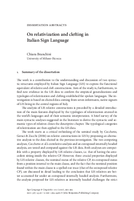 (PDF) On relativization and clefting in Italian Sign Language
