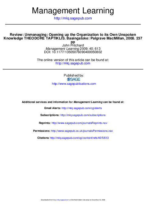 (PDF) Unmanaging: Embracing Unspoken Knowledge