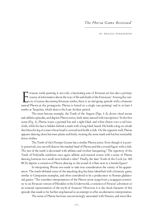 (PDF) 2009. “The Phersu Game Revisited.” Etruscan Studies 12:73-87.