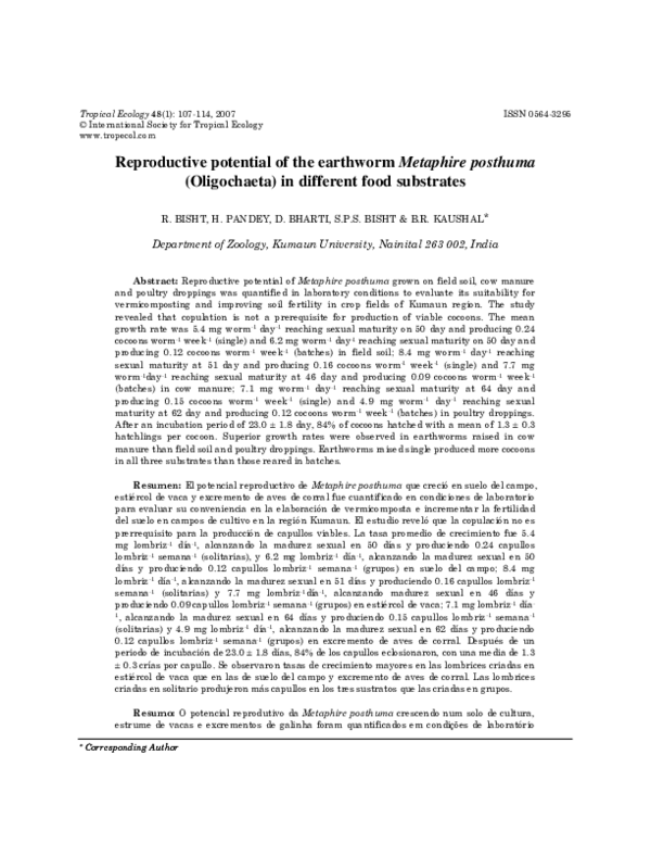 (PDF) Reproductive potential of the earthworm Metaphire posthuma ...
