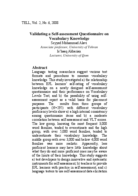 (PDF) Validating a self-assessment questionnaire in vocabulary knowledge