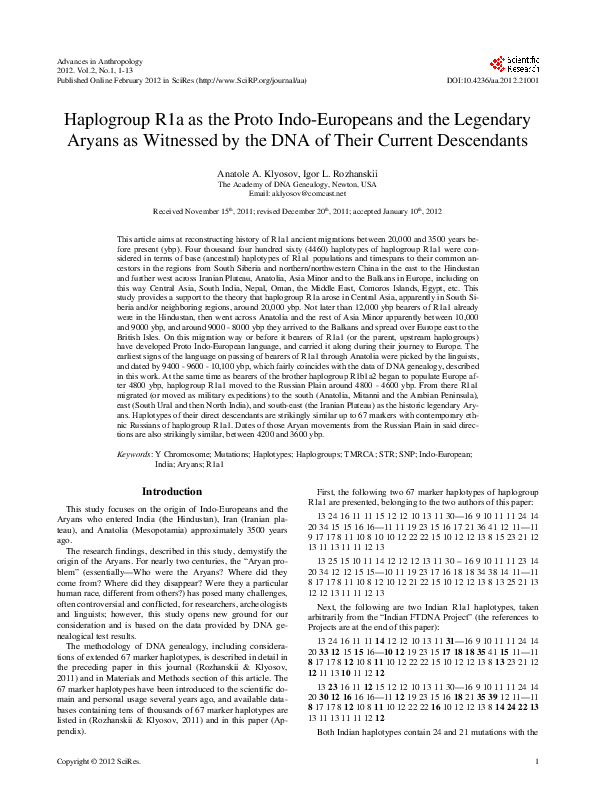 (PDF) Haplogroup R1a as the Proto Indo-Europeans and the Legendary ...
