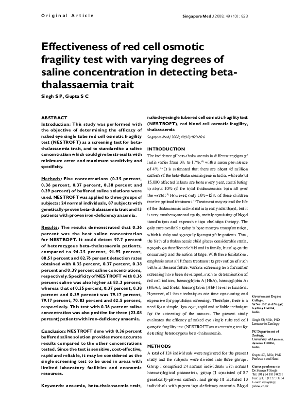 (PDF) Effectiveness of red cell osmotic fragility