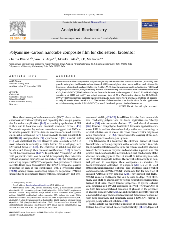 (PDF) Polyaniline–carbon nanotube composite film for cholesterol biosensor