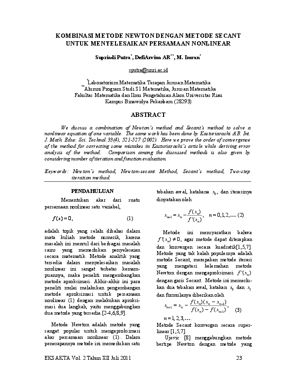 (PDF) Kombinasi Metode Newton dengan Metode Secant untuk Menyelesaikan ...