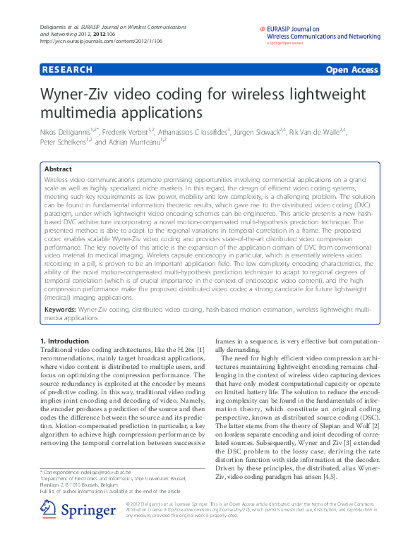 (PDF) Wyner-Ziv video coding for wireless lightweight multimedia applications