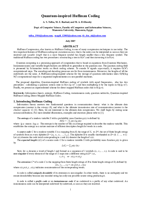 (PDF) Quantum-inspired Huffman Coding