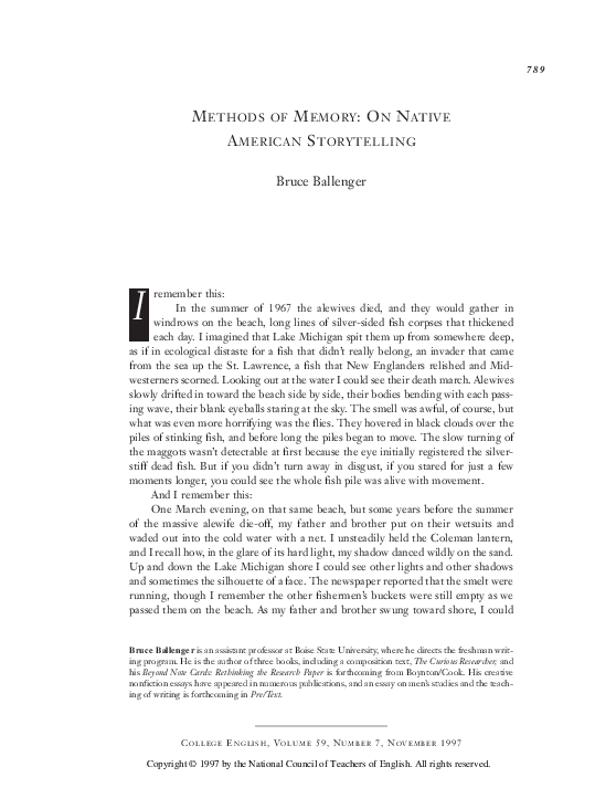 (PDF) METHODS OF MEMORY: ON NATIVE AMERICAN STORYTELLING