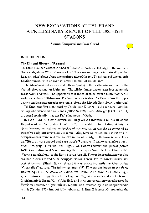 (PDF) Kempinski, A. and I. Gilead. NEW EXCAVATIONS AT TEL ERANI: 1985-1988.