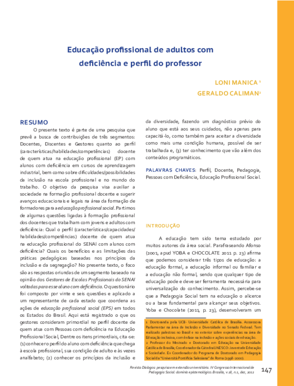(PDF) Educação Profissional de Adultos com Deficiência e Perfil do ...