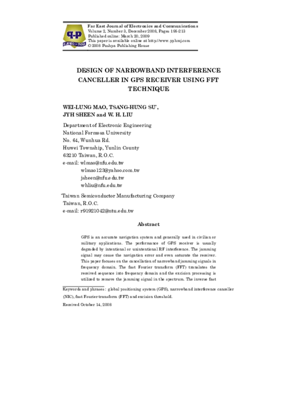 Pdf Design Of Narrowband Interference Canceller In Gps Receiver Using Fft Technique