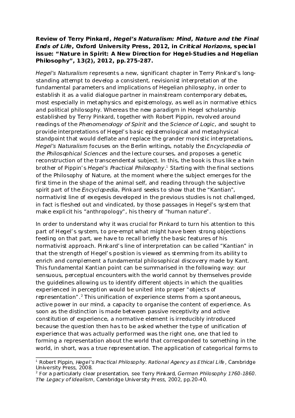 (DOC) Review of Terry Pinkard, "Hegel's Naturalism. Mind, Nature and ...