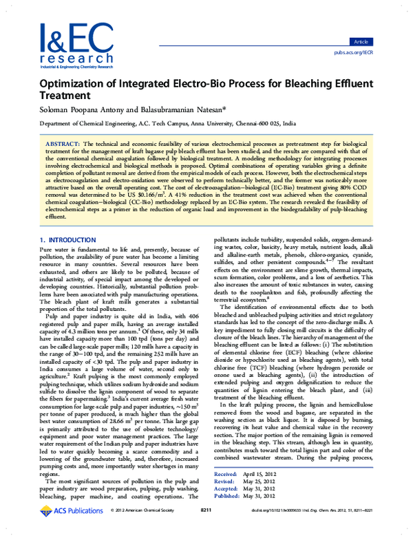 (PDF) Optimization of Integrated Electro-Bio Process for Bleaching Eﬄuent Treatment
