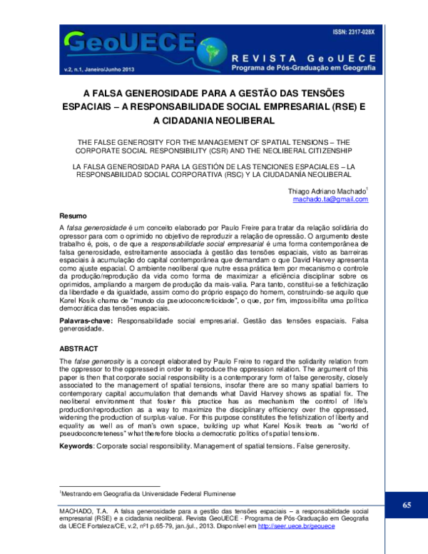 (PDF) A Falsa Generosidade para a Gestão das Tensões Espaciais - A ...