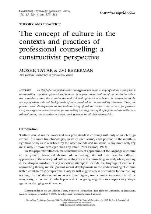(PDF) The concept of culture in the contexts and practices of professional counselling: a ...