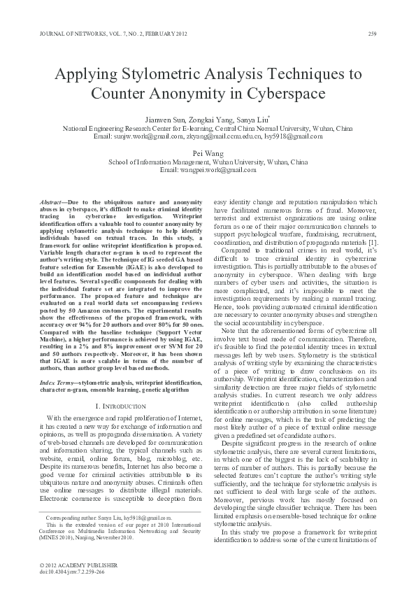 (PDF) Applying Stylometric Analysis Techniques to Counter Anonymity in Cyberspace