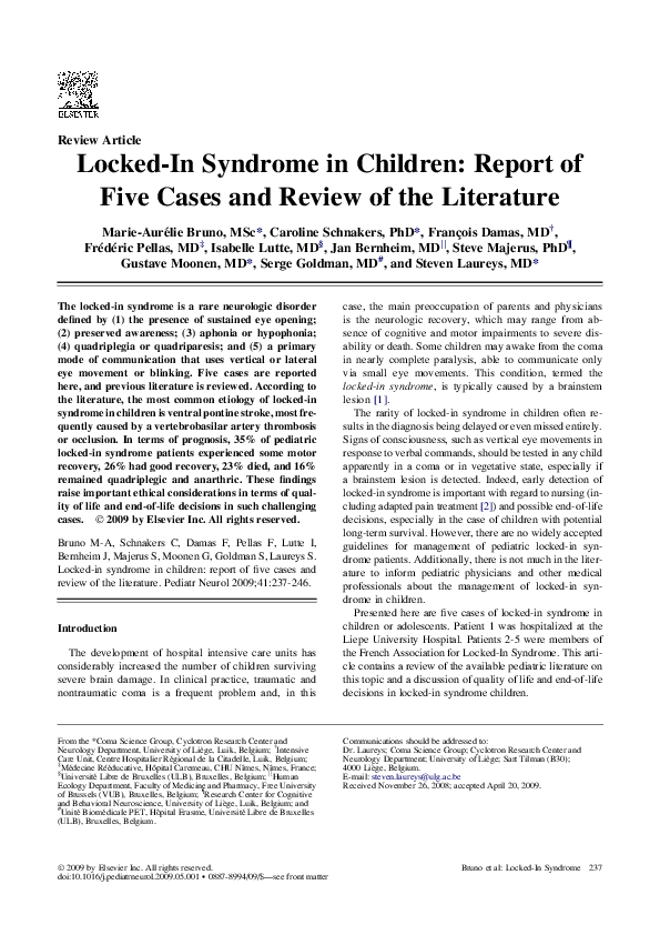 (PDF) Locked-In Syndrome in Children: Report of Five Cases and Review ...