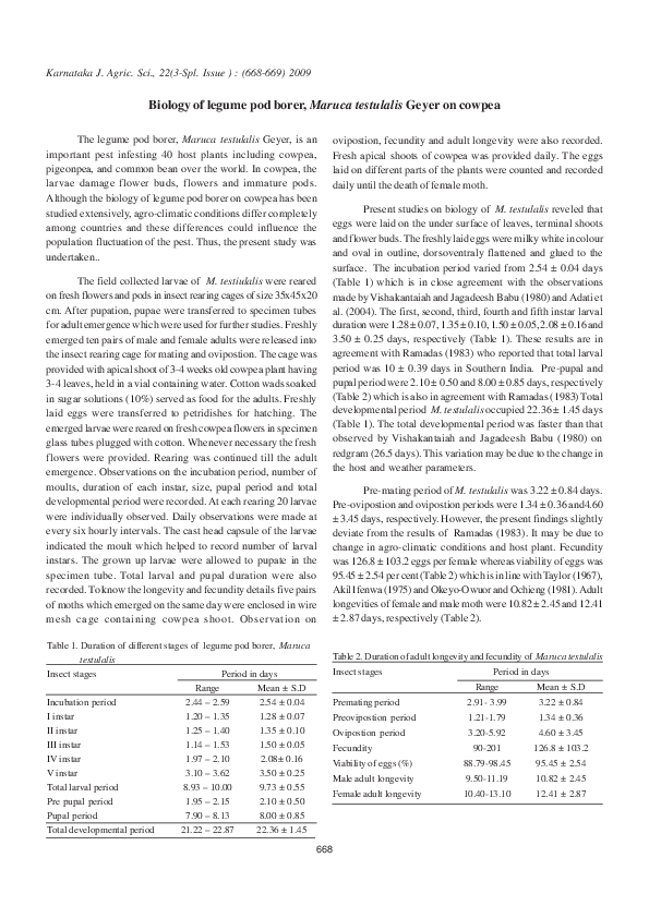 (PDF) Biology of legume pod borer, Maruca testulalis Geyer on cowpea