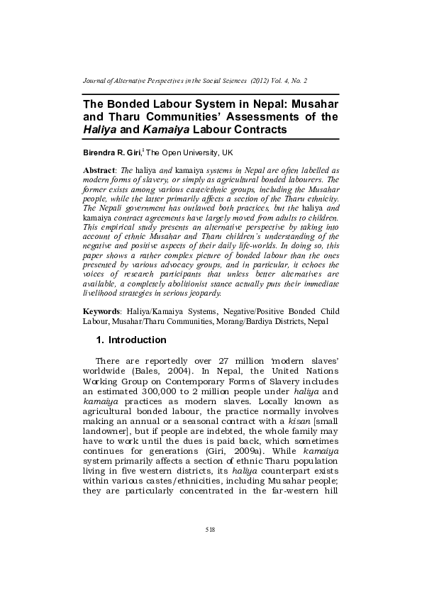 (PDF) The Bonded Labour System in Nepal: Musahar and Tharu Communities ...