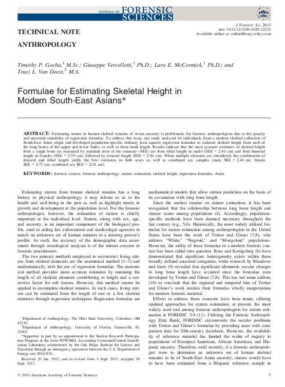 (PDF) Formulae for Estimating Skeletal Height in Modern South-East Asians