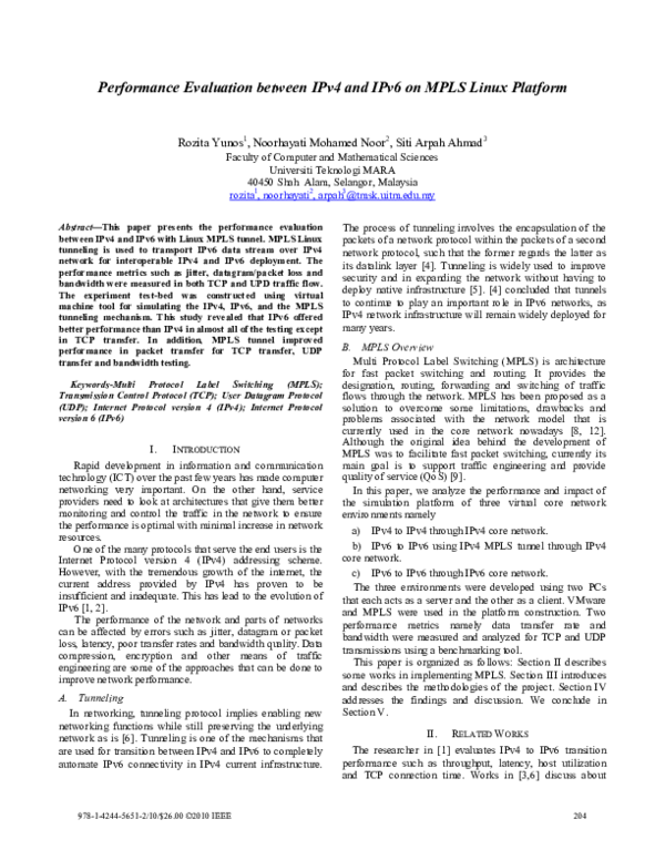 (PDF) Performance evaluation between IPv4 and IPv6 on MPLS Linux platform