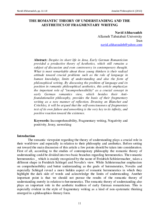(PDF) The Romantic Theory of Understanding and the Aesthetics of ...