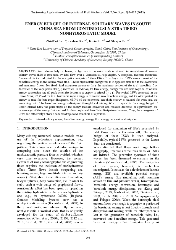 (PDF) Energy Budget of Internal Solitary Waves in South China Sea from Continuously Stratified ...