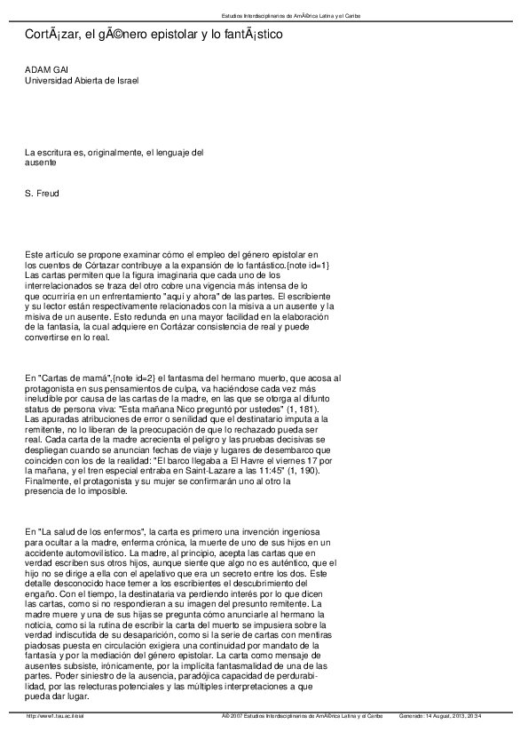 (PDF) Cortázar, el género epistolar y lo fantástico
