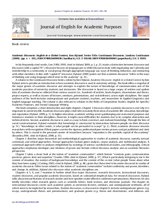 (PDF) Academic Discourse: English in a Global Context, Ken Hyland ...