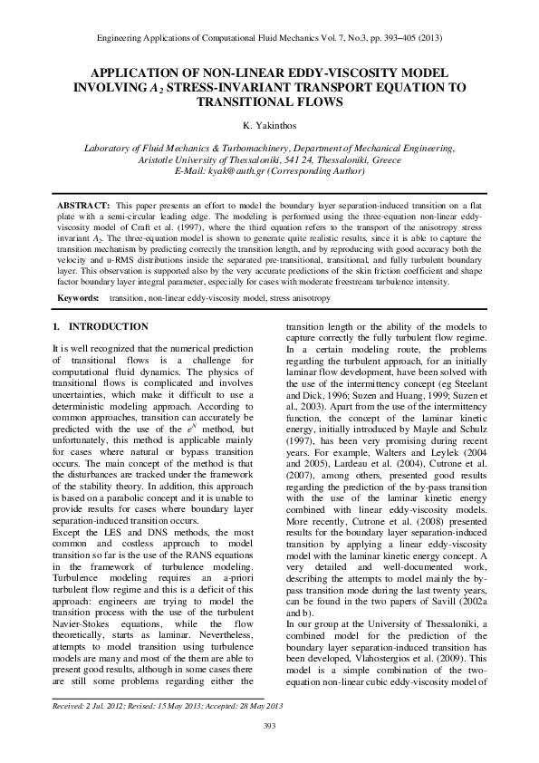 (PDF) Application of Non-linear Eddy-Viscosity Model Involving A2 Stress-Invariant Transport ...
