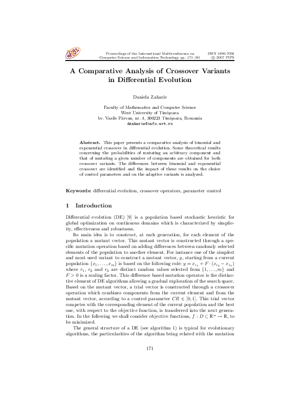 Pdf A Comparative Analysis Of Crossover Variants In Differential Evolution