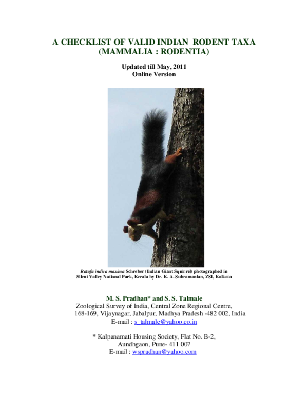 (PDF) A Checklist of valid Indian rodent taxa (Mammalia : Rodentia ...