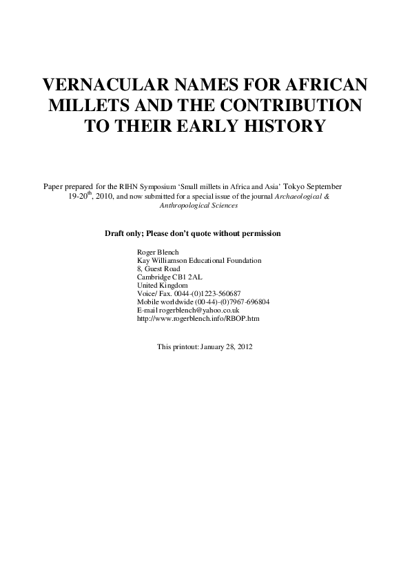 (PDF) Vernacular names for African millets and other minor cereals and ...