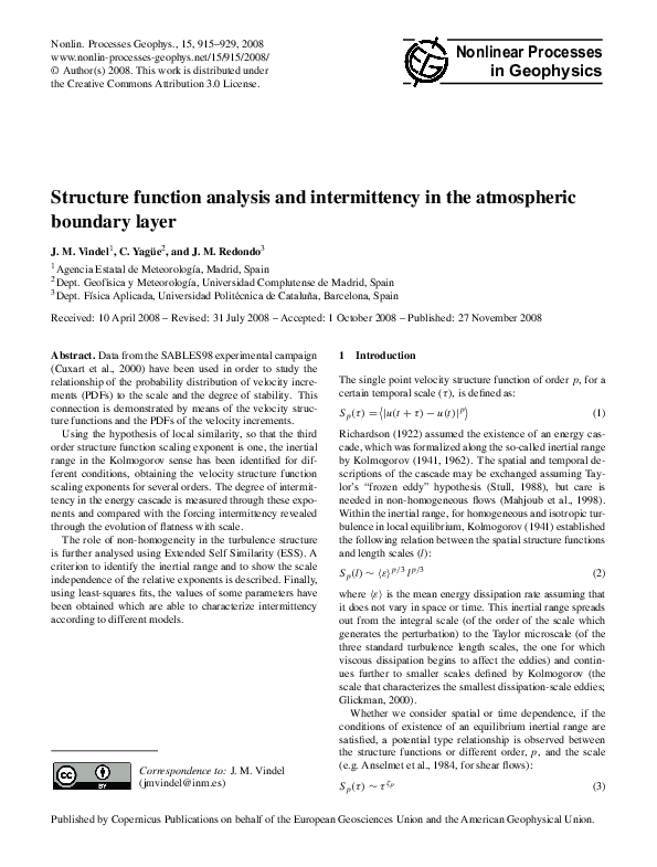 Pdf Structure Function Analysis And Intermittency In The Atmospheric Boundary Layer
