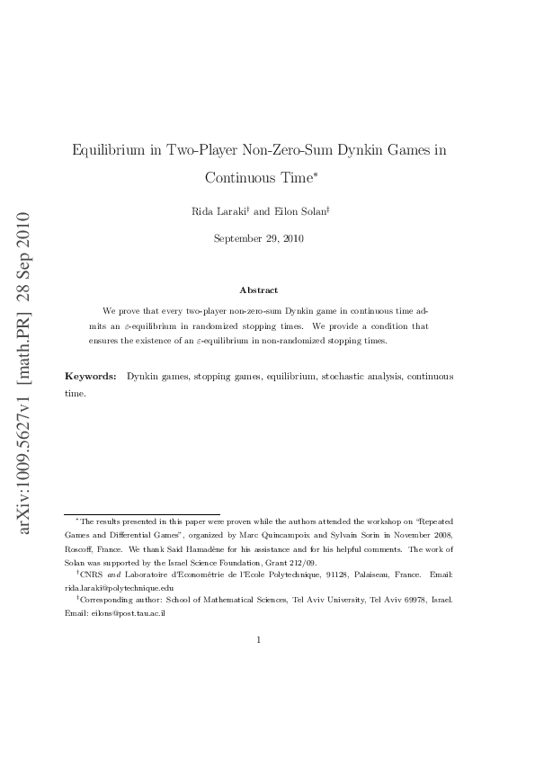 (PDF) Equilibrium in Two-Player Non-Zero-Sum Dynkin Games in Continuous ...