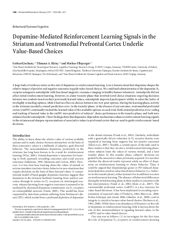 (PDF) Dopamine's Role in Value-Based Decision Making