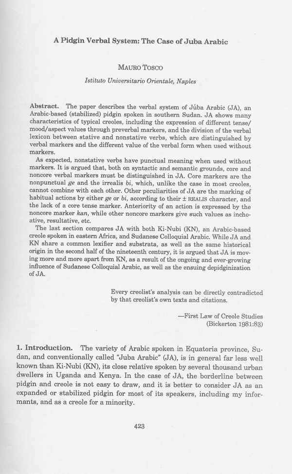 (PDF) A pidgin verbal system: The case of Juba Arabic
