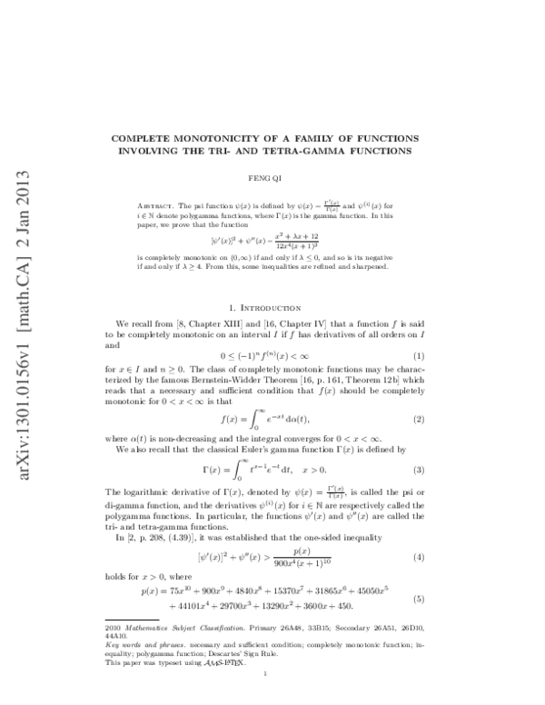 (PDF) Complete monotonicity of a family of functions involving the tri- and tetra-gamma functions