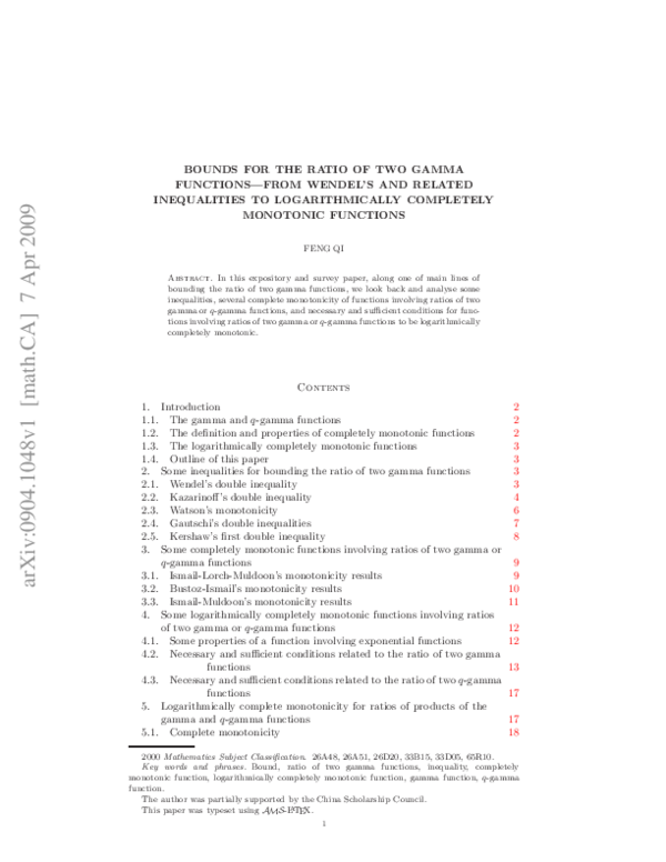 (PDF) Bounds for the ratio of two gamma functions--From Wendel's and related inequalities to ...