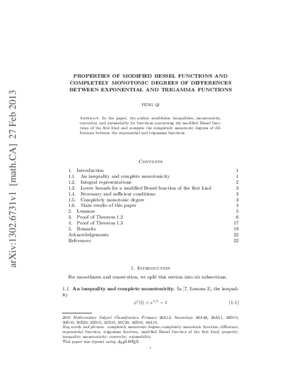 Pdf Properties Of Modified Bessel Functions And Completely Monotonic