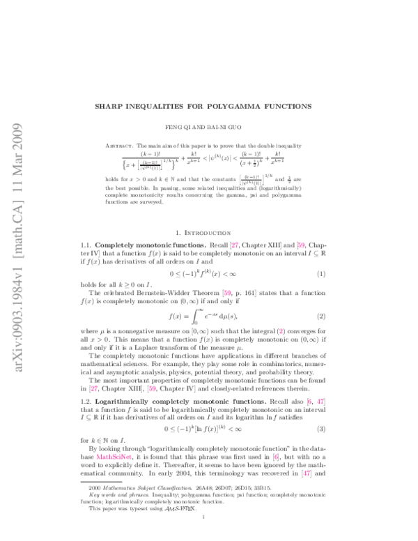 (PDF) Sharp inequalities for polygamma functions