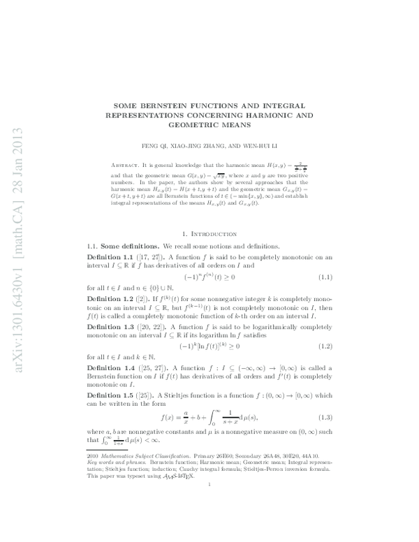 (PDF) Some Bernstein functions and integral representations concerning harmonic and geometric means