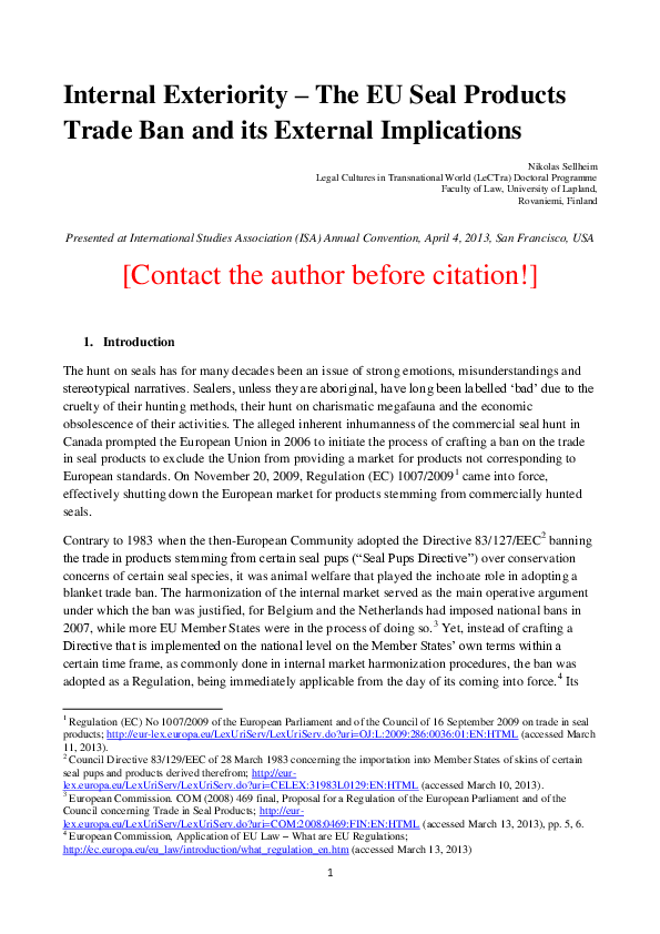 (PDF) Internal Exteriority – The EU Seal Products Trade Ban and its ...